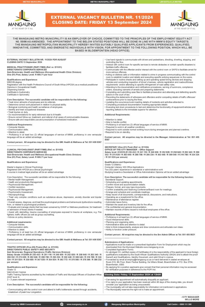 External Vacancy Advertisement No. 11/2024 (closing date: 13 September 2024) – Mangaung ...