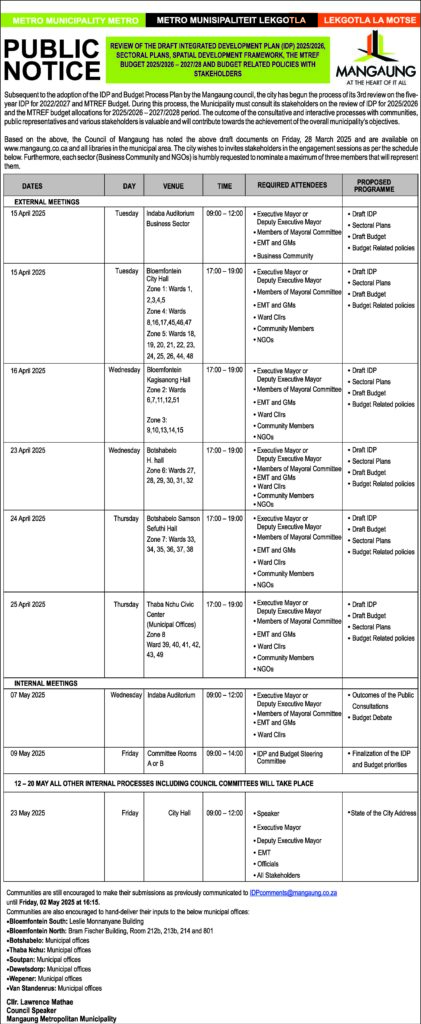 Public Notice: Review of Draft IDP 2025/2026, Sectoral Plans, SDF ...